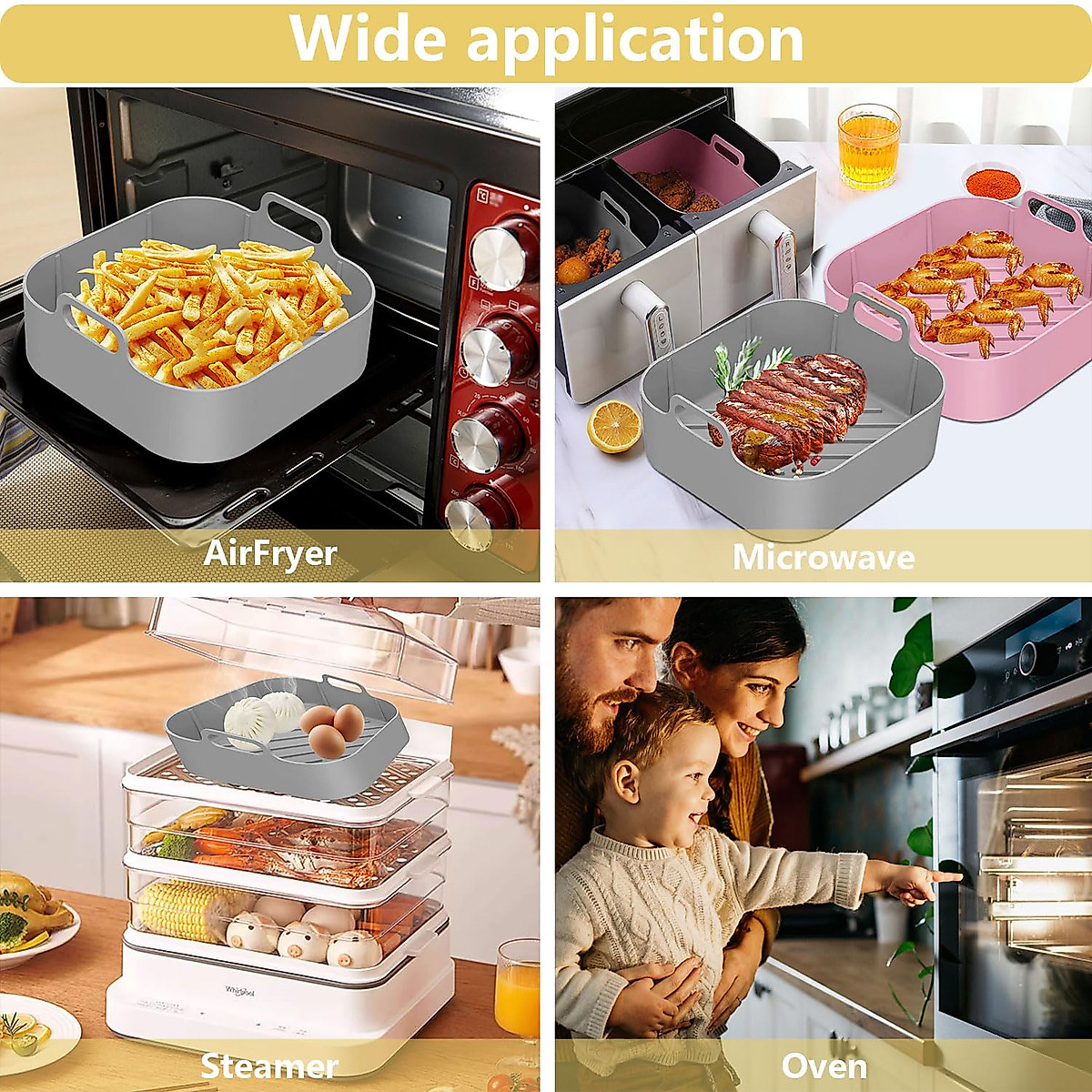 Silicone Air Fryer Basket Liners,2 PCS Reusable Square Air Fryer Liners,Air Fryer Silicone Baking Tray for 3.6 to 6.8 QT Oven Microwave Accessories(Pink + Gray)