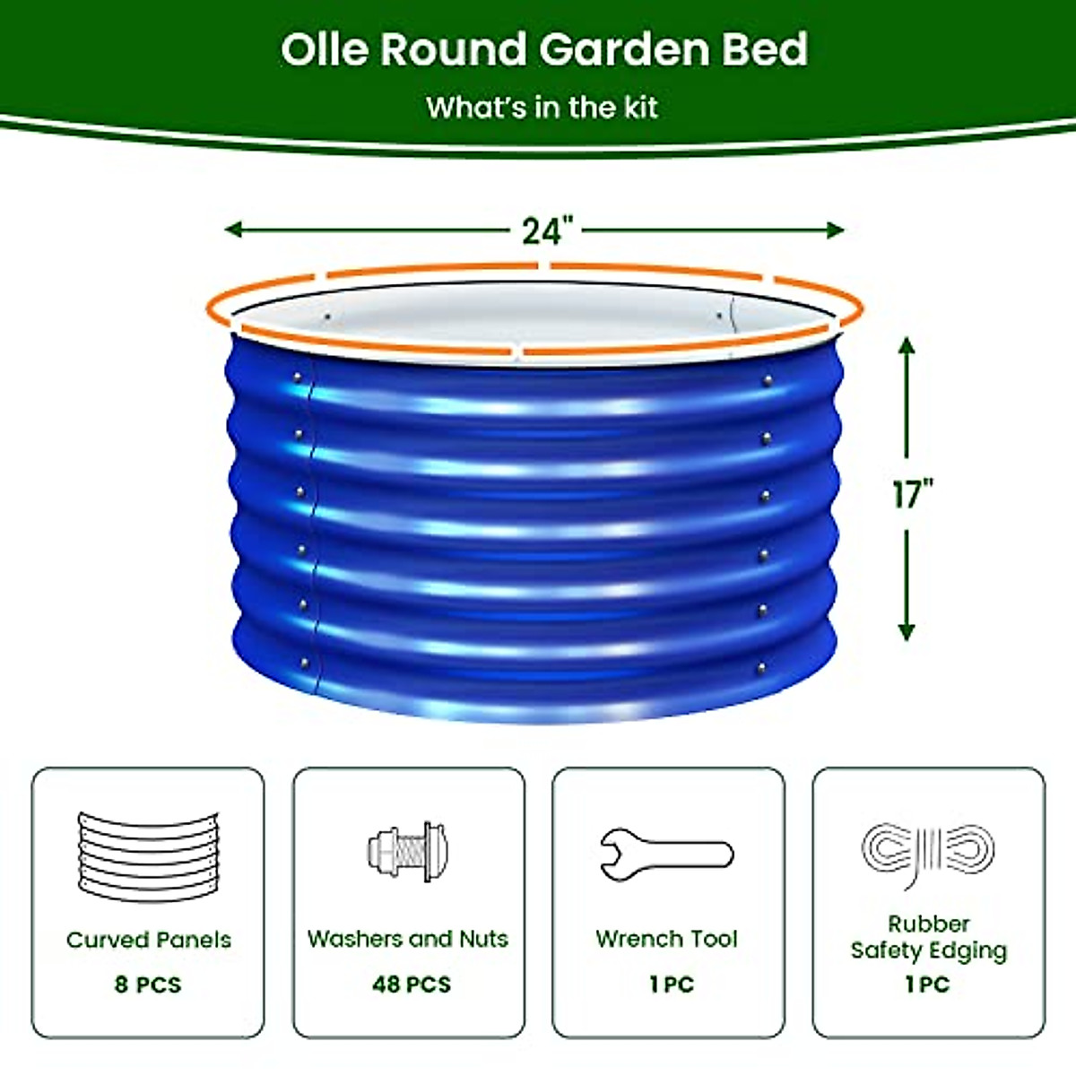 OLLE Metal Raised Garden Bed, 17" Tall Twin Round Raised Garden Bed, Garden Boxes Outdoor Raised Bed Kit, Galvanized Planter Boxes Garden Planters for Outdoor Plants, Cobalt Blue 24" X 17"