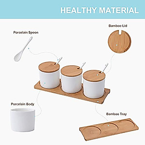 TAMAYKIM 8 OZ Porcelain Condiment Jars, Seasoning Boxes with Spoons and Bamboo Cover, Ceramic Sugar Bowls with Lid, Condiment Container for Kitchen, Pack of 6