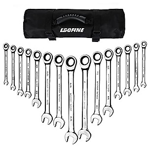 Egofine 15-piece SAE Ratcheting Wrench Set, SAE 1/4" to 1" Chrome Vanadium Steel, 12-Point Ratchet Wrenches, 72-Teeth Open End and Box End Combination Tool with a Roll Up Storage Bag