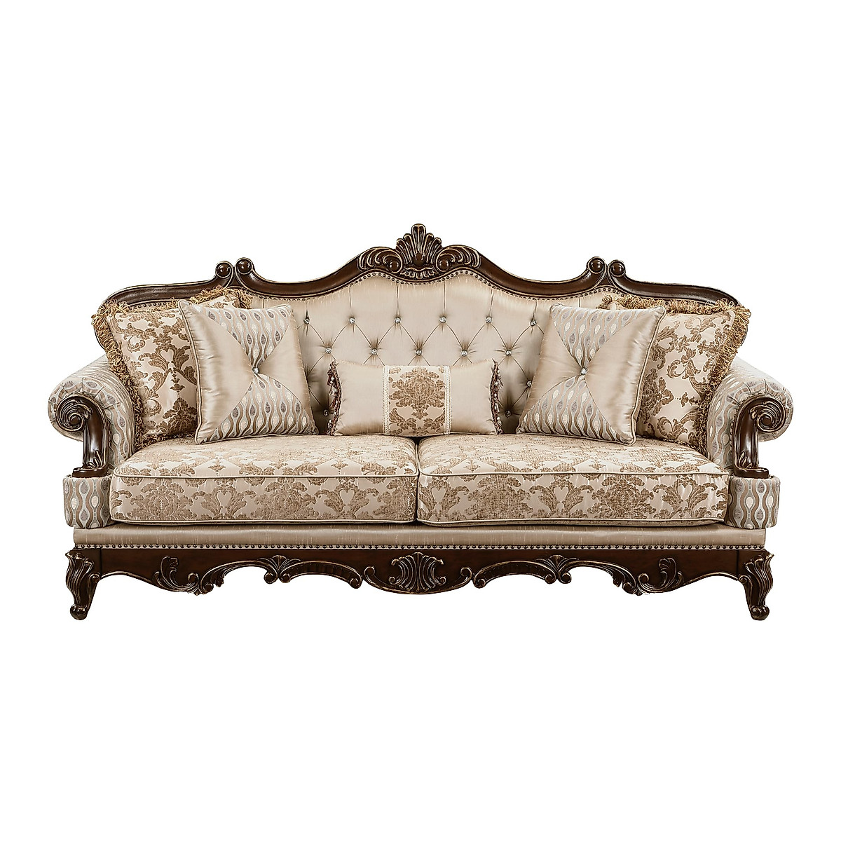 Lexicon Traditional Sofa Couch for Living Room, Rolled Arm Sofa with 5 Accent Pillows, Tufting, Queen Legs in Cherry Finish with Gold Tipping, Upholstered Living Room Furniture, 3 Seater Couch, Brown