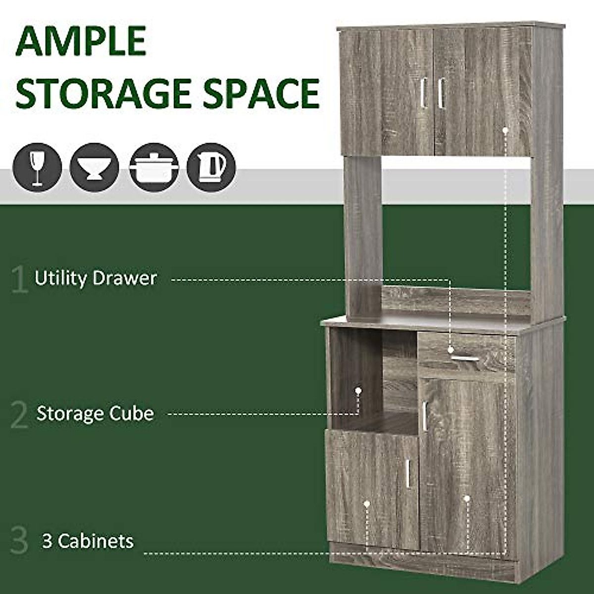 HOMCOM Modern Kitchen Buffet with Hutch Pantry Storage, Microwave Counter, 2 Cabinets, and Adjustable Shelves, Grey