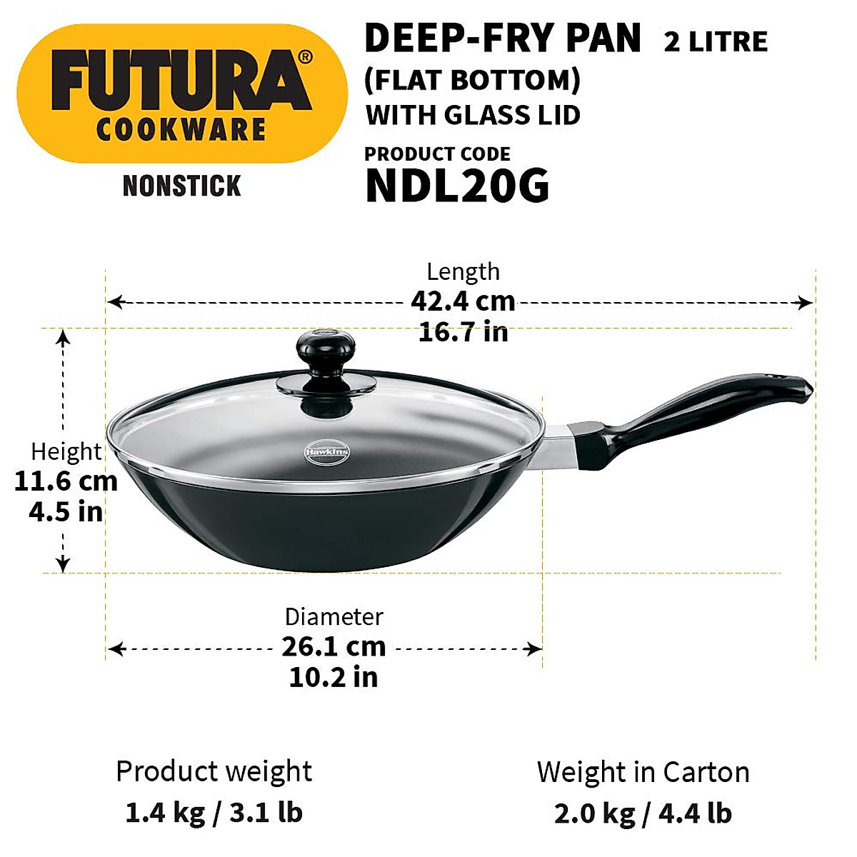 FUTURA NDL20G Non-Stick Deep-Fry Pan(Kadhai) 2.0 Litre with Glass Lid and Flat Bottom, 10.23 IN, Gray