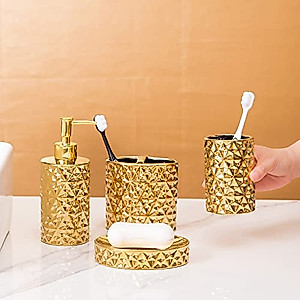 Gold Bathroom Accessory Sets 4 Piece Ceramic Gift Set Apartment Necessities,Includes Soap Dispenser, Toothbrush Holder, Toothbrush Cup, Soap Dish for Decorative Countertop and Housewarming Gift