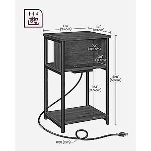 VASAGLE Side Table with Charging Station, 3-Tier End Table with USB Ports and Outlets, Nightstand for Living Room, Bedroom, 11.8 x 13.4 x 22.8 Inches, Plug-in Series, Misty Gray and Black ULET373B68