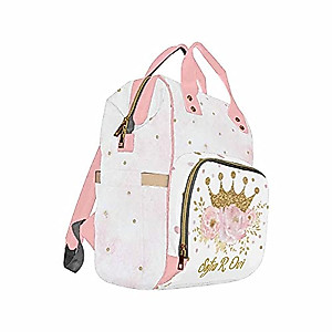 InterestPrint Custom Diaper Bag with Name, Pink Flowers with Crown Diaper Bag Nappy Bags Travel Shoulder Daypack Mummy Backpack Custom Gift for Mom Girl
