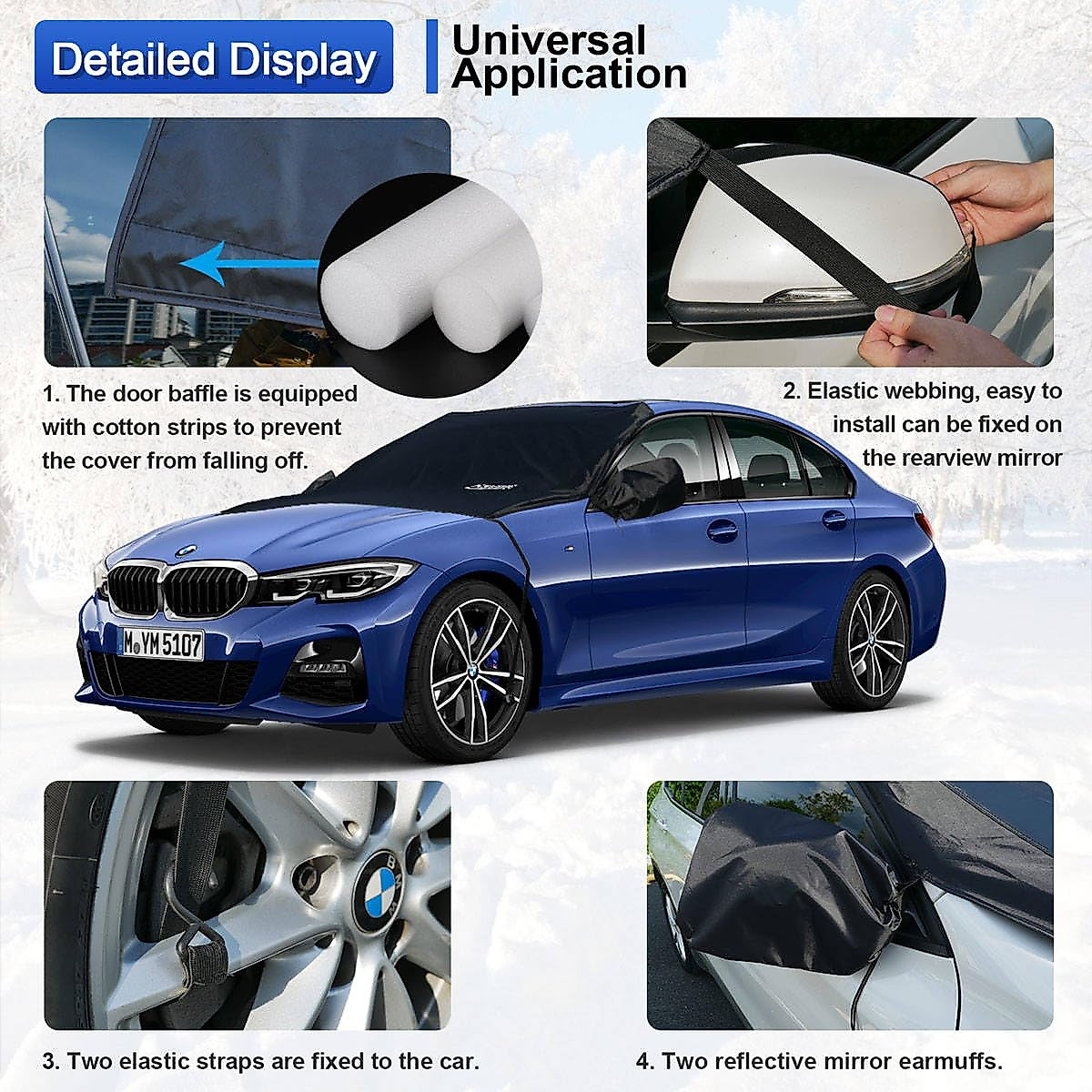 Kayme Windshield Snow Cover, Winter Car Window Covers All Weather Water Snow, Ice, Frost, Dust, Sun Protection with Side Mirror Covers, Fits Most Cars, Trucks, Vans, SUVs Etc. (75 x 57 Inches)