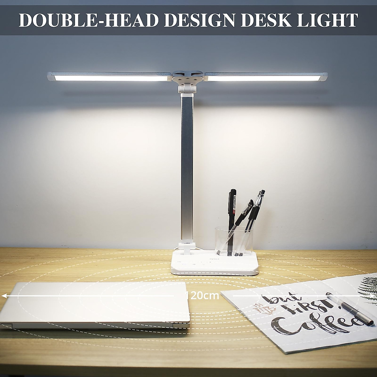 iVict Dual Swing Arm LED Desk Lamps, 5 Light Modes x 10 Brightness Levels Desk Light with USB Charging Port, 45 Minutes Auto Timer Table Lamp, Desk Lamp for Home Office, Bedroom, Reading/Study