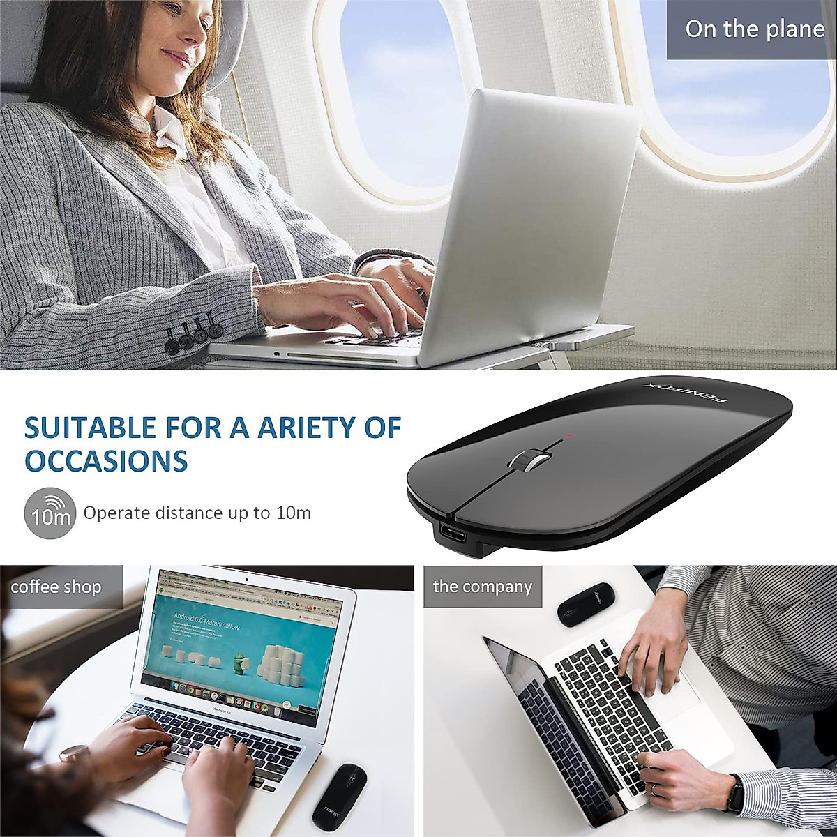 Bluetooth Mouse FENIFOX Slim Mini Whisper-Quiet Flat Portable Wireless Mice Rechargeable Compatible with Laptop,PC,Tablet Android Windows XP(Black)