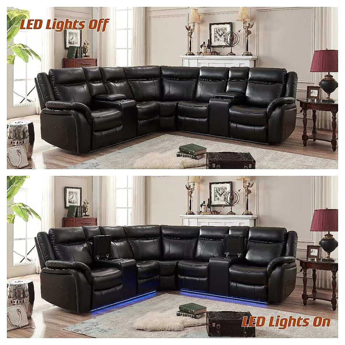 Power Reclining Sectional Sofa Set Faux Leather Recliner Couch with LED Lights/USB Port/Console Storage/Cup Holders Home Theater Sectional Sofa