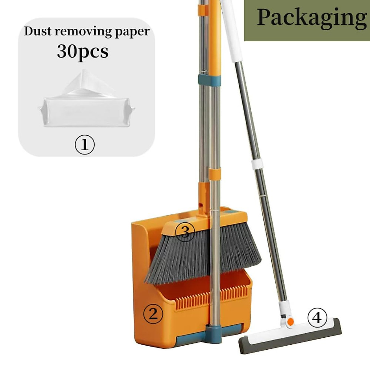 Premium Broom and Dustpan Combo Set - Long Handle, 180° Rotating, Standing Storage - Built-in Comb Teeth and Claps for Dust Wipe Paper - Space-Saving Design (Orange)