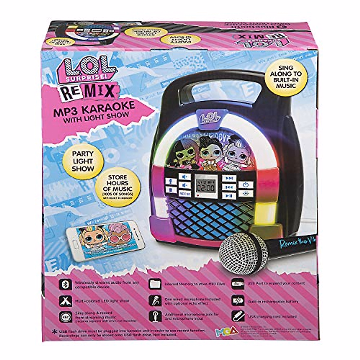 LOL Surprise! Remix OMG Bluetooth Karaoke Machine MP3 Player Portable with LED Disco Light Show, Store Hours of Music with Built in Memory, Record, Real Working Microphone, USB Port