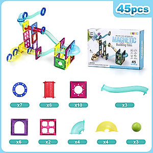 Marble Run Magnetic Tiles, 45pcs Marble Run Race Track 3D Magnetic Building Blocks, STEAM Educational Toy, Child Brain Development Kit Toy for Girls Boys Toddlers Kids Ages 3 4 5 6 7 8+