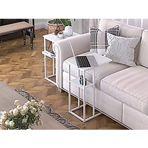 Yusong C Shaped End Table, Small Side Tables Slide Under Sofa Couch Bed, Small TV Tray Bedside Table for Small Spaces, Living Room, Bedroom, White