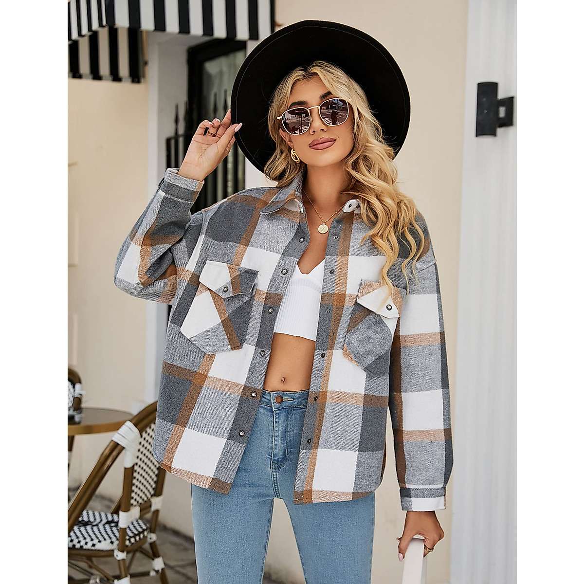 APAFES Women’s Warm Plaid Shirt Soft Sherpa Lined Shacket Casual Snap Fastener Truck Jacket with Pockets(643-GreyKhaki-M)