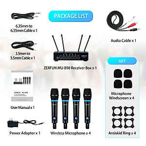 ZERFUN 4 Channel Rechargeable Wireless Microphone System, Pro UHF Metal Handheld Wireless Microphones Cordless Mics with Echo Bluetooth VOL Channel Control for Karaoke Singing Church(MU-898)