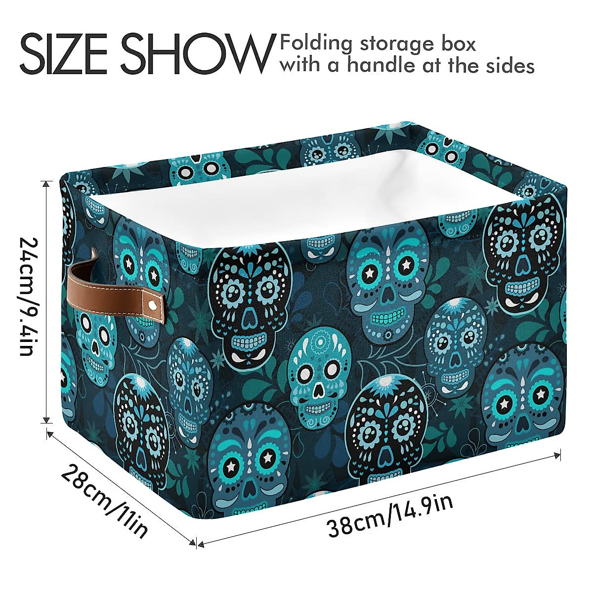 Dead Day Sugar Skull Rectangular Storage Bin Basket with Handles - Nursery Storage, Laundry Hamper, Book Bag, Gift Baskets