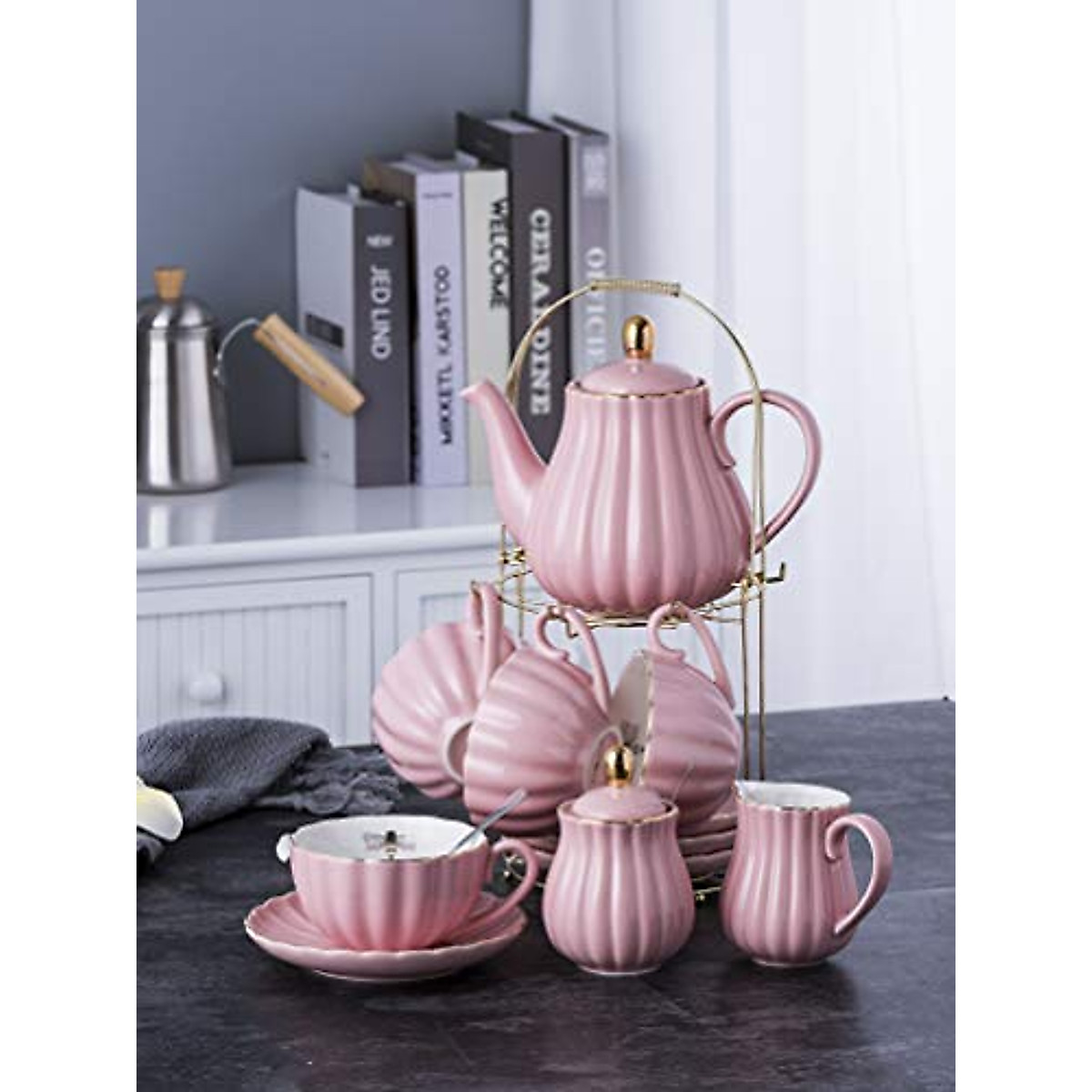 Jusalpha Fine China Pink Coffee Cup/Teacup Set, 7 OZ Cups& Saucer Service for 4, with Teapot-Sugar Bowl-Cream Pitcher Teaspoons and tea strainer for Tea/Coffee, 17-Pieces (TW Full set)