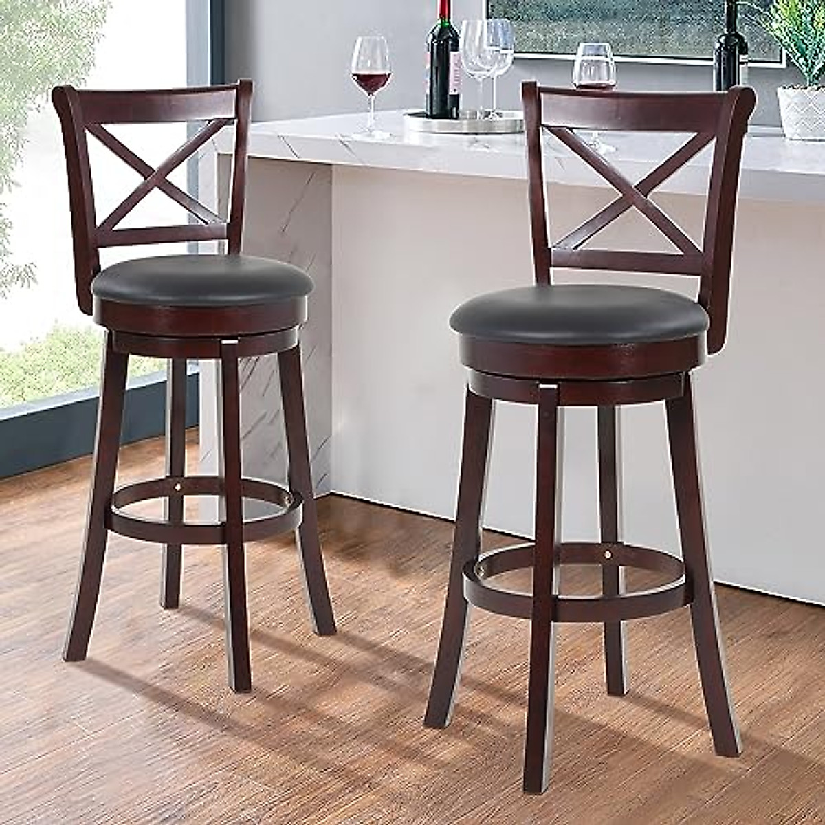 MKDLUFEI Set of 2 Counter Height Bar Stools, 43.9'' Heavy Duty Bar Stool with Armless Lower Back, Swivel Bar Stool with 360 Degree Rotation, Bar Stool with PU Leather for Dining Room and Living Room