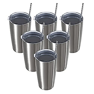 MUCHENGHY 20oz Stainless Steel Tumbler with Lid and Straw, Double Wall Vacuum Insulated Travel Coffee Mug, Stainless steel surface Metal Tumblers for Cold & Hot Drinks(Silver, 6 Pack)