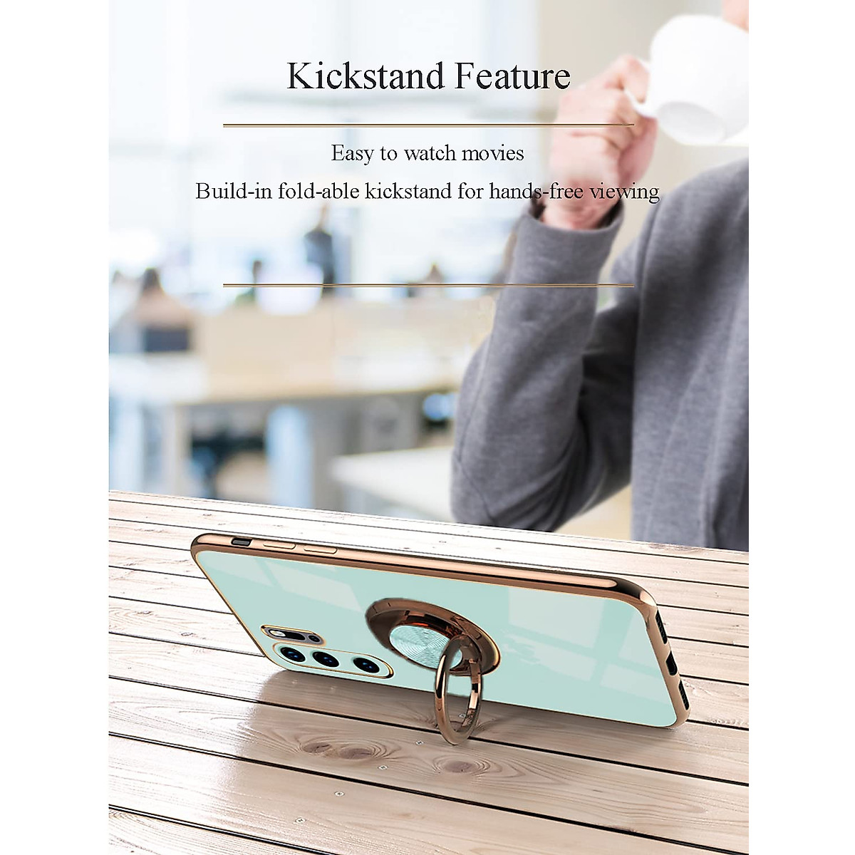 Compatible for Huawei P30 Pro Case Ring Holder Magnet Silicone, Huawei P30 Pro Phone Case Thin Protective Case Aesthetic Black 360° Rotatable Metal Stand (Green)