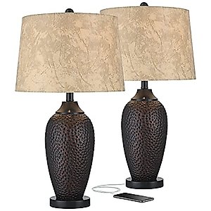 Franklin Iron Works Kaly Rustic Traditional Table Lamps 25" High Set of 2 with USB Charging Port Hammered Oil Rubbed Bronze Faux Leather Drum Shade for Living Room Desk Bedroom House Bedside