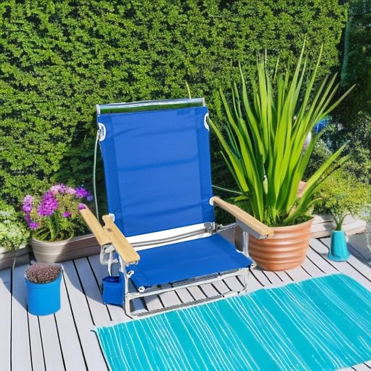 Rio Beach Classic 5-Position Lay-Flat Folding Chair, Outdoor Pool and Beach Chair with Carrying Strap and Towel Bar, Blue