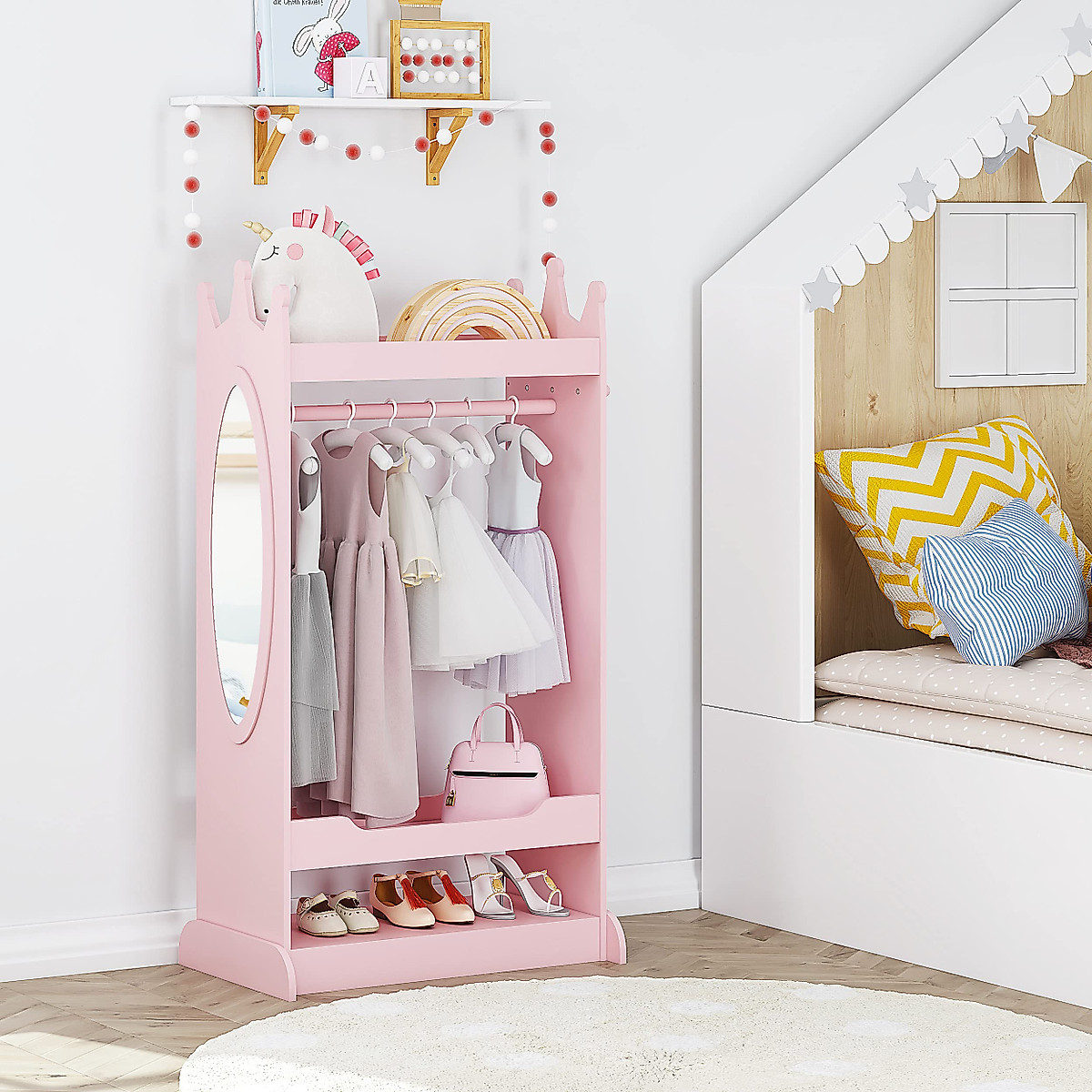 UTEX Kids Dress up Storage with Mirror,Costume Closet for Kids, Open Hanging Armoire Closet,Pretend Storage Closet for kids,Costume Storage Dresser (Pink)