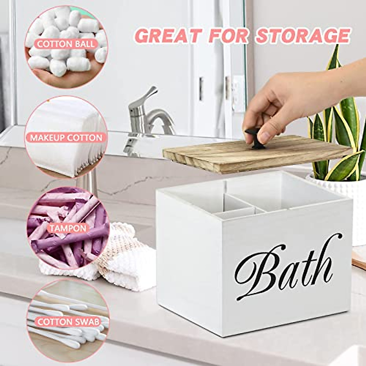 Tampon Storage Bathroom Container with Lid, Tampon Holder for Bathroom, Countertop Organizer Storage Box Tampons and Pad Organizer, Wood Movable Partition Feminine Product Organizer for Cosmetics