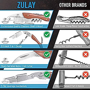 Zulay Professional Waiter’s Corkscrew Bottle Opener - 3-in-1 Wine Key Tool With Foil Cutter & Dual Hinge Fulcrum - Waiters Corkscrew For Waiters & Bartenders (Rosewood)