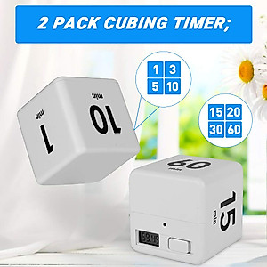 welltop Cube Timer, 2 Pack Kitchen Timer with 4 LED Light Alarm Kids Child Exercise Workout Gravity Sensor Flip Timer for Time Management and Countdown Settings (White - 1 3 5 10 and 15 20 30 60 min)