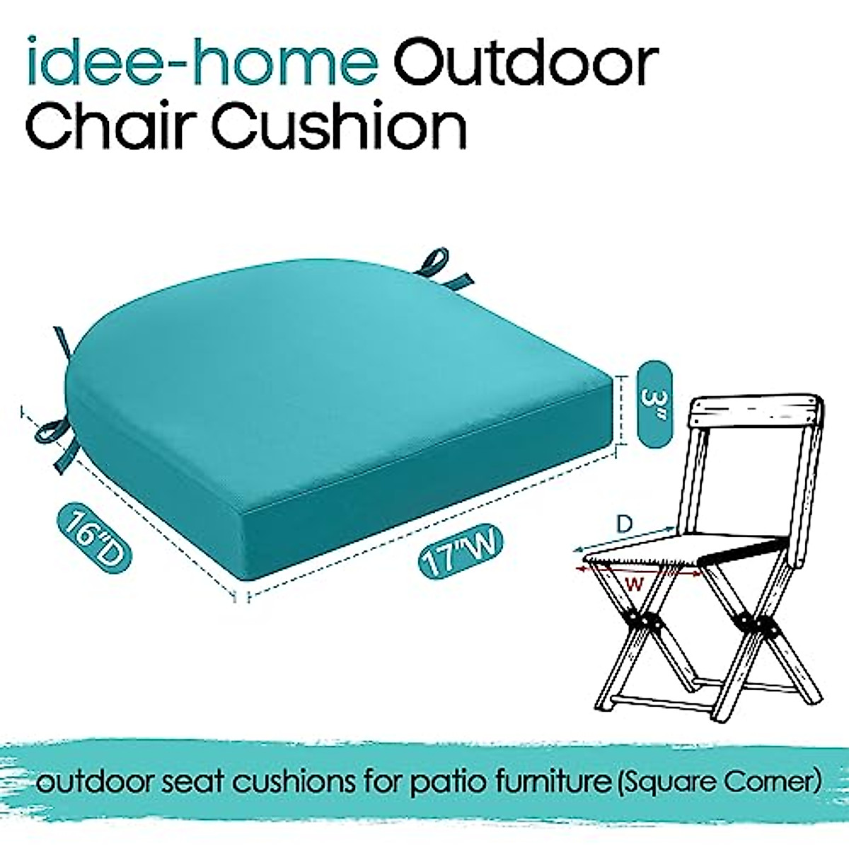 idee-home Outdoor Chair Cushions Set of 2, Thick 3" Patio Chair Cushions for Outdoor Furniture Waterproof with Ties, Outdoor Seat Cushion, Patio Chair Pads Dining Chair 17" x 16" x 3" Blue