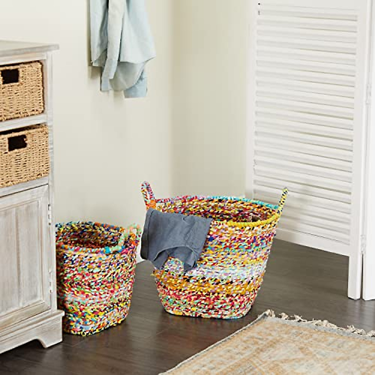 CosmoLiving by Cosmopolitan Cotton Round Storage Basket with Handles, Set of 2 16", 14"H, Multi Colored