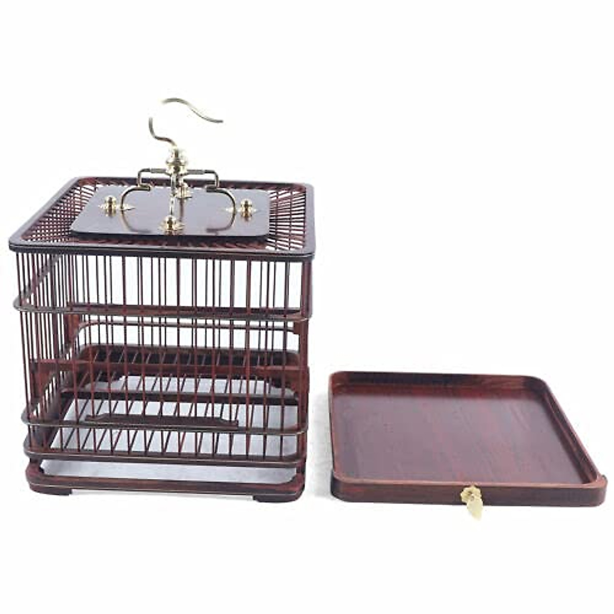 Retro Drawer Style Handmade Dark Red Hanging Type Wood Birdcage Bird Cage Lovebird House with Drawer, Suitable for Family Pet Bird Breeding