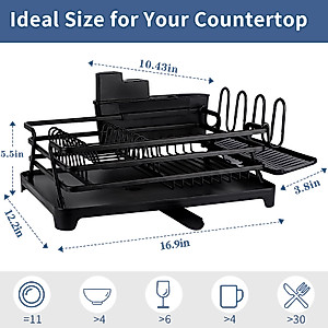 [Upgraded] Aluminum Dish Drying Rack, ROTTOGOON Rustproof Dish Rack and Drainboard Set with Drainage, Utensil Holder, Cup Holder, Compact Dish Drainer for Kitchen Counter Cabinet, 16.9" x 12.2", Black