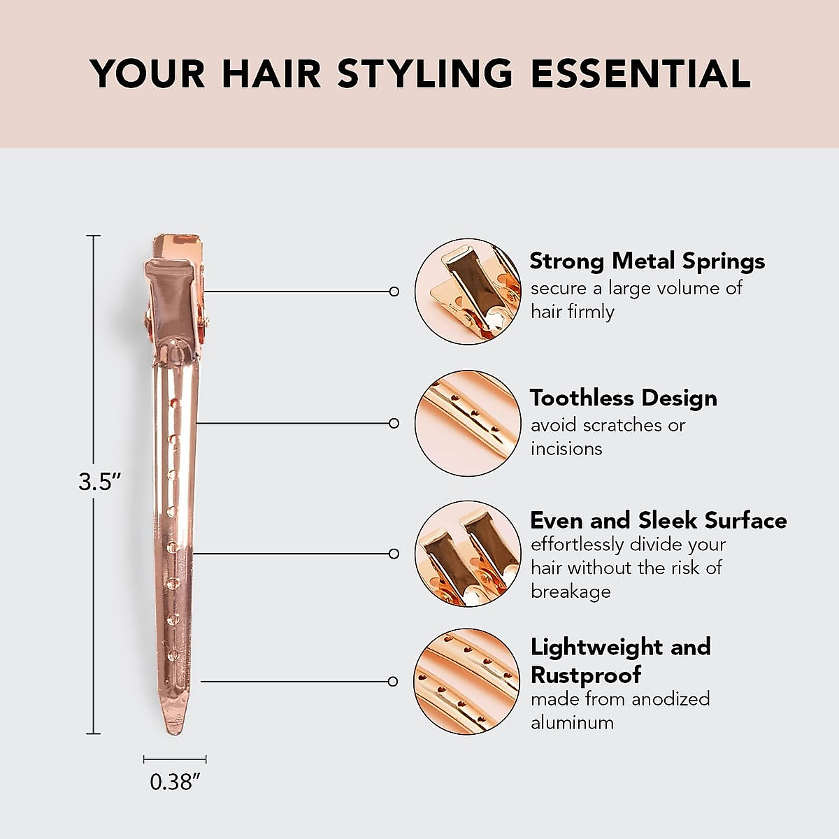 Kitsch Metal Duck Billed Hair Clips - Hair Styling Clips for Sectioning, Cutting, Coloring, Blow Drying and Makeup | Salon Quality Accessories - 6pcs (Rose Gold)