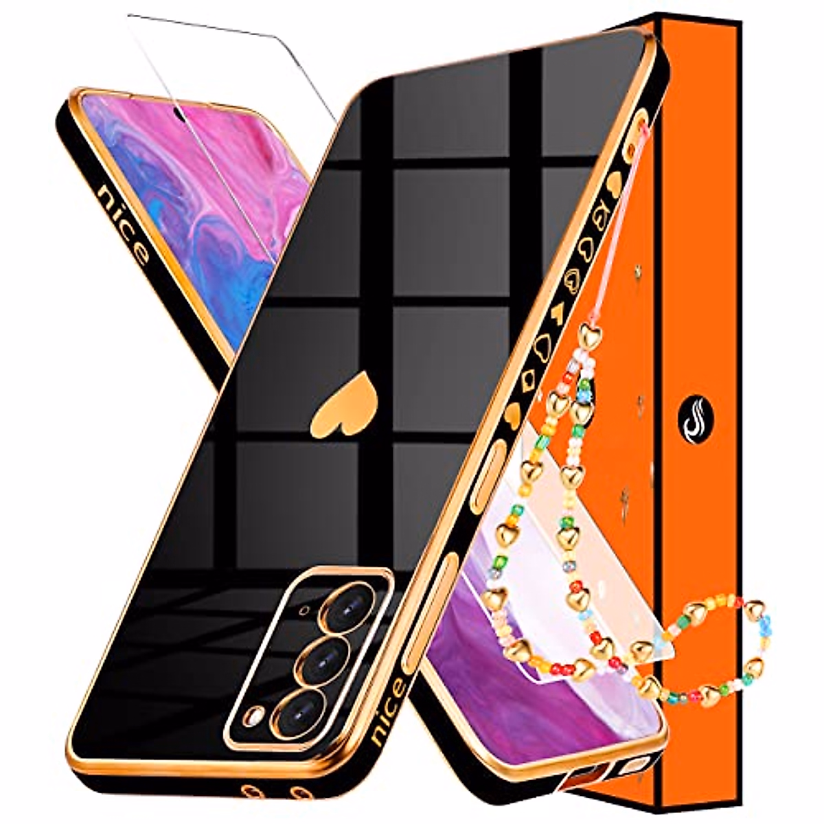 Shorogyt Heart Case for Samsung Galaxy Note 20 5G/4G 6.7 Inch Women Girls (3in1) Cute Aesthetic Love Hearts Pattern Black Gold Luxury Girly Design Cases Trendy Cover+Screen+Chain for Note20 Note20 5G