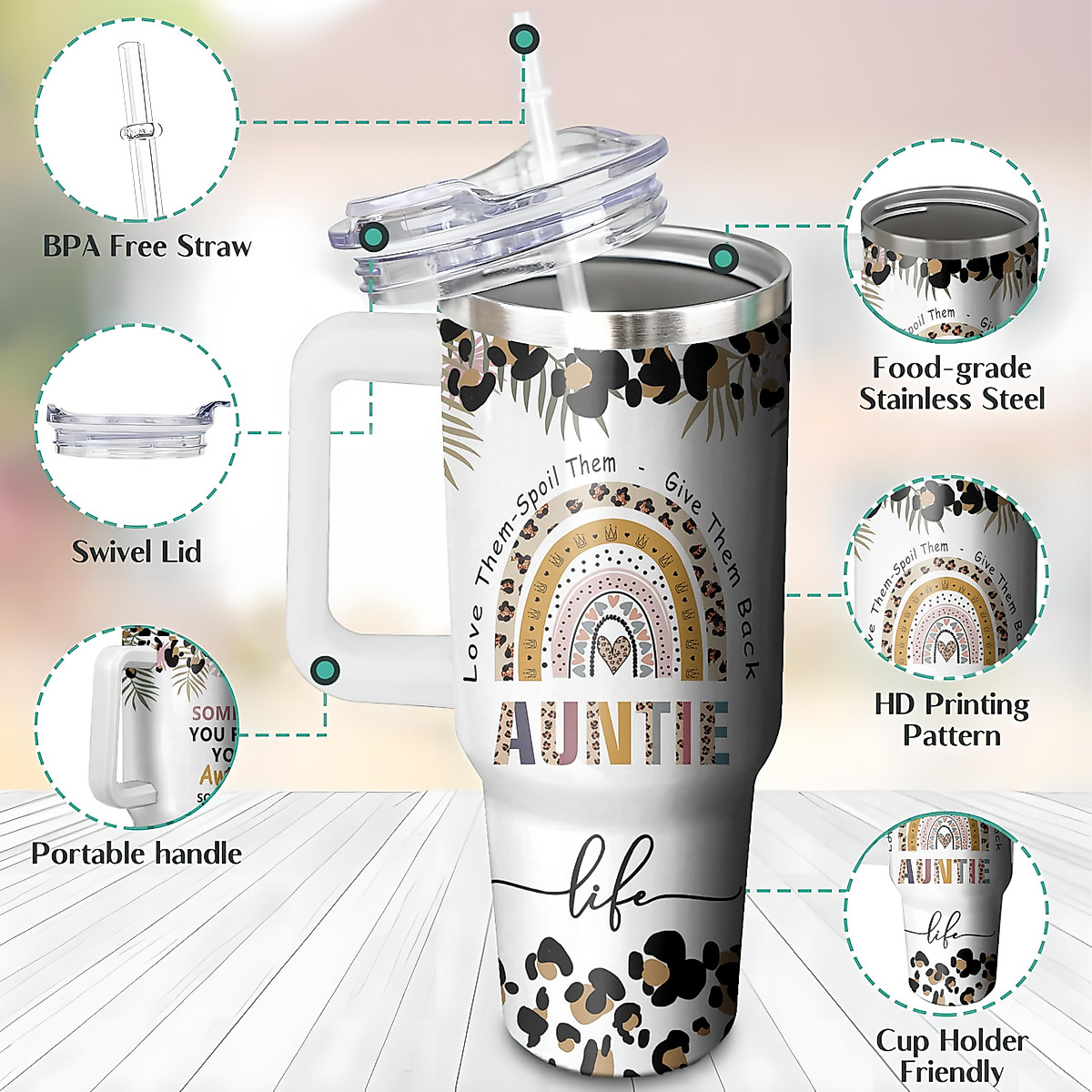 Ksoemar 40 Oz Auntie Cup with Handle and Straw, Double Wall Stainless Steel Auntie Mugs, Insulated Aunt Coffee Travel Mug, Aunt Cup Gifts Ideas for Birthday, Mothers Day, Christmas