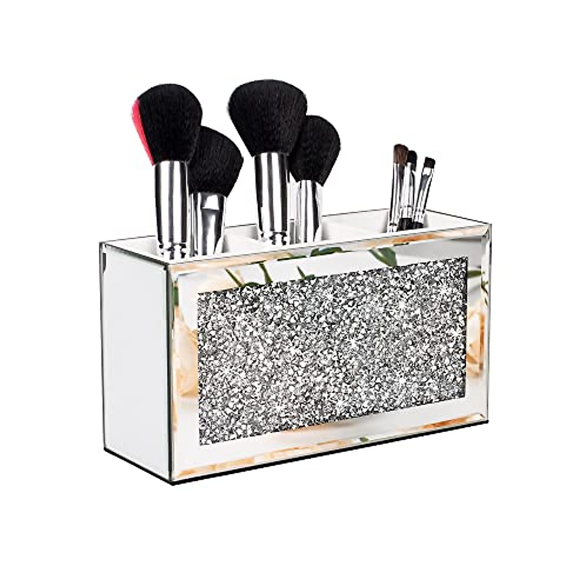 SHYFOY Mirrored Makeup Brush Holder Organizer, 3 Slot Glass Cosmetics Brushes Storage Holders with Crystal Crushed Diamond, Cute Pen and Pencil Holder for Desk, Eyeliners Display Case for Vanity
