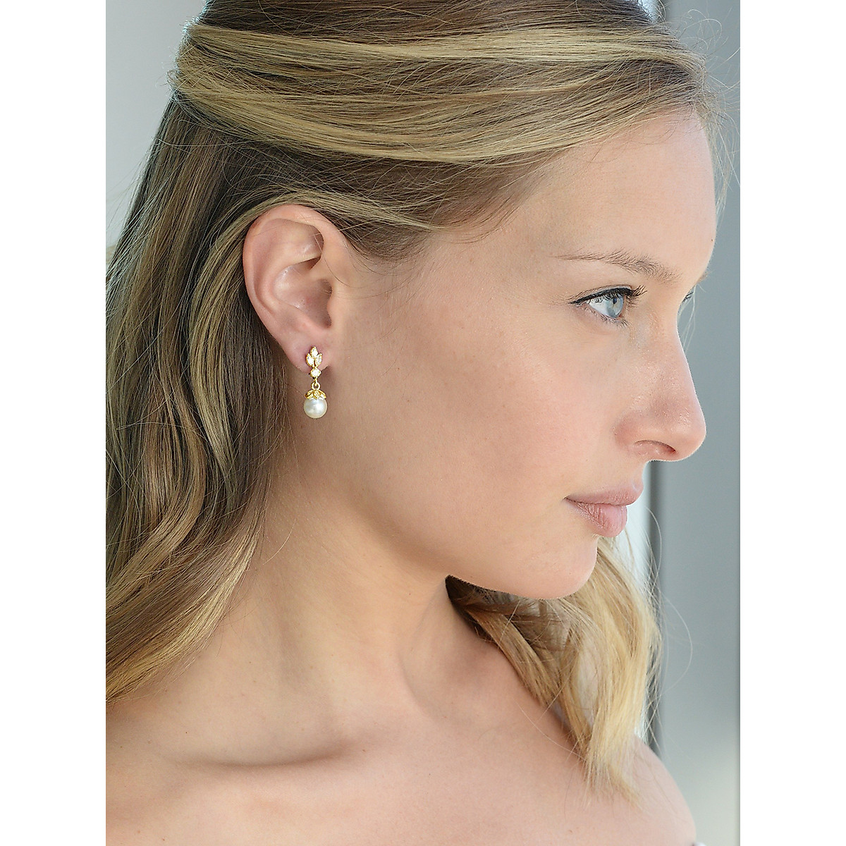Mariell Pearl Drop Gold Wedding Earrings, 8MM Ivory Shell Pearls, Cubic Zirconia Crystal and Pearl Earrings for Brides, Bridesmaid, Prom and Mother of the Bride