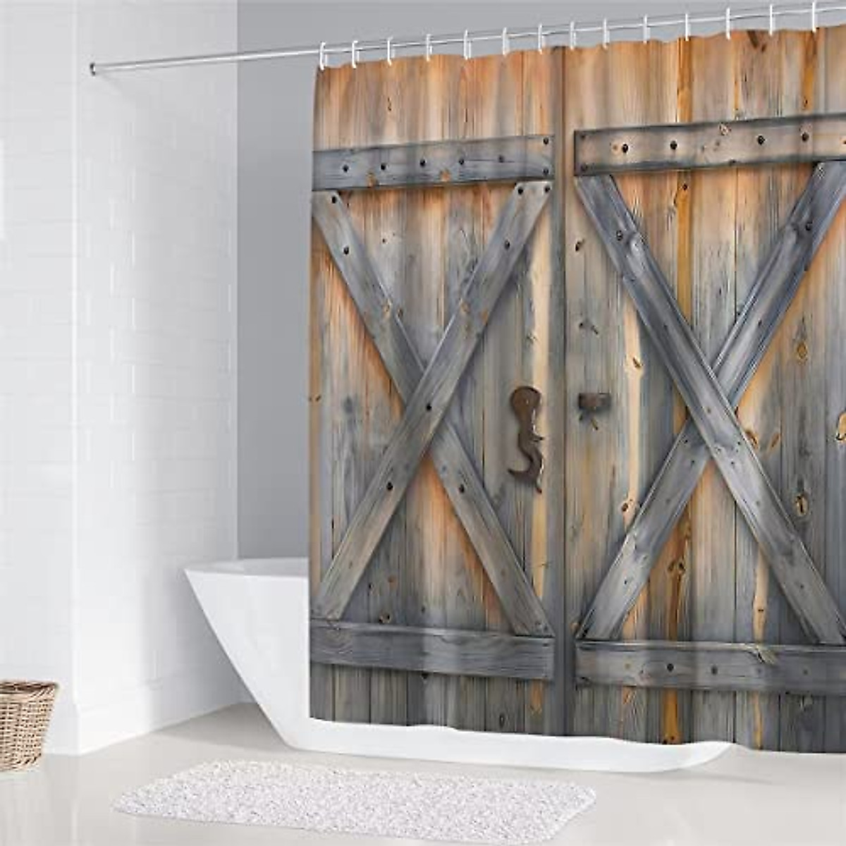 4Pcs Rustic Barn Door Shower Curtain Sets Wooden Gate Farmhouse Bathroom Set Decor with Non-Slip Rugs Bath U-Shaped Mat Toilet Lid Cover Country Bathroom Curtains Shower Set with 12 Hooks, 70.8×70.8