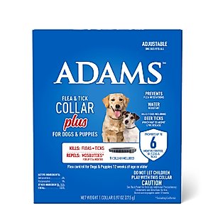 Adams Flea & Tick Collar Plus for Dogs & Puppies, 6-Month Protection, One Size Fits All Dogs & Puppies, Kills Fleas & Ticks, Repels Mosquitoes For Up To 6 Months (excluding California)