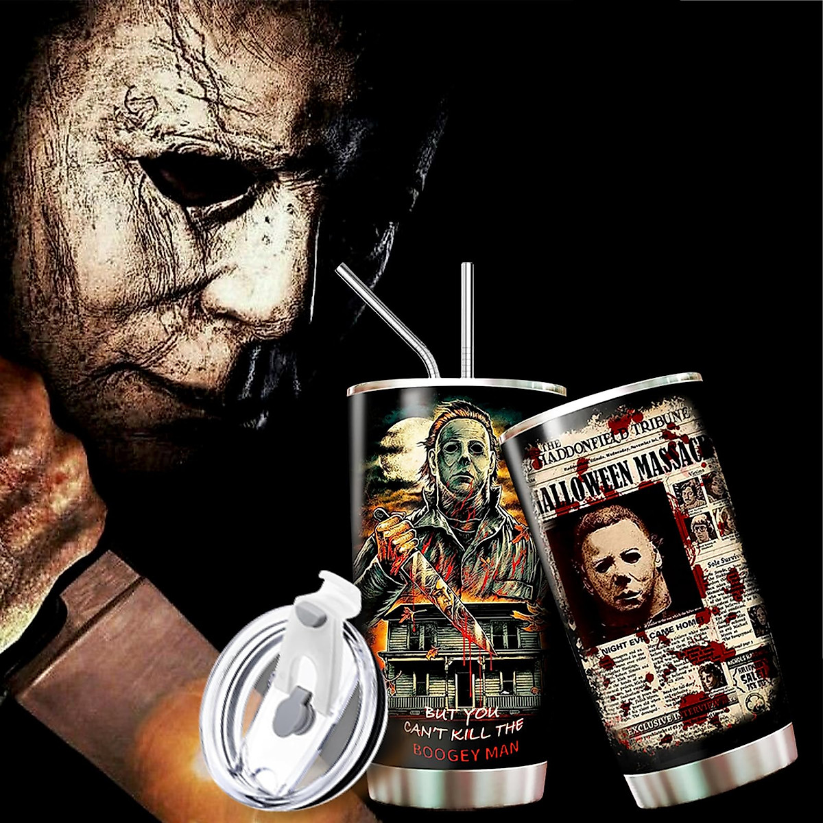 XWLAI Horror Tumbler with Lid and straw - Gift for Men, Women Who Love A Good Scare - Halloween Coffee Cup - Gifts for Friend on Birthday, Christmas - Halloween Decorations - Horror Tumbler 20 Oz