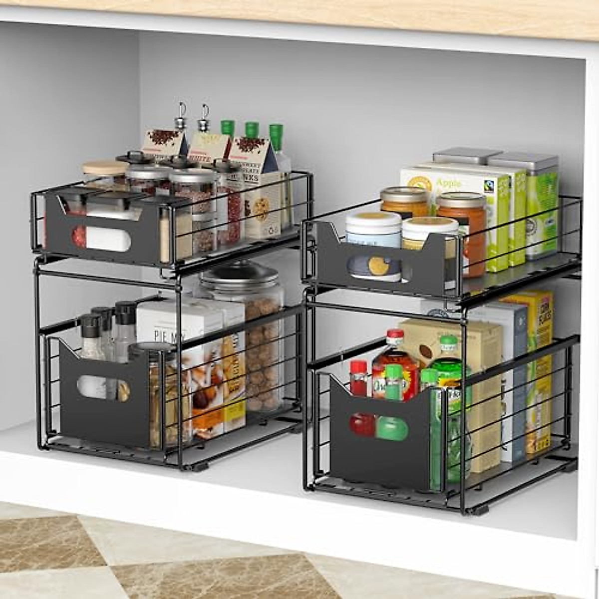 PIGTAB Metal Under Sink Organizer, 2 Sets of 2-Tier Multi-Purpose Bathroom Organizers and Storage, Pull Out Kitchen Organizers and Storage, Cabinet Organizer for Kitchen, Bathroom, Black