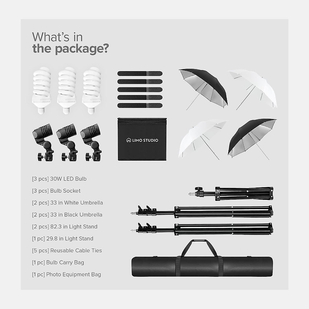 LimoStudio, 900W LED Output Lighting Series, LMS104, Soft Continuous LED Lighting Kit for White and Black Umbrella Reflector with LED Spiral Bulbs, Accessory and Carry Bag