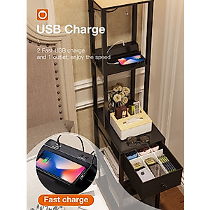 addlon Floor lamp with 2 USB, 1 Outlet and Drawer, 3 Color Temperatures LED Bulb (9W), Sofa lamp with White lampshade, Display Floor lamp with Shelves for Living Room, Bedroom and Office - Black