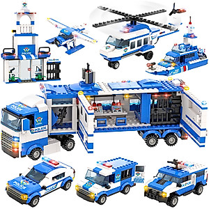 WishaLife 8 in 1 City Police Mobile Command Center Truck Toy Building Set, with Police Station Toy, Police Car Toy, Helicopter Toy, Boat Toy, Fun Police Toys Gift for Kids, Boys and Girls Ages 6 Plus