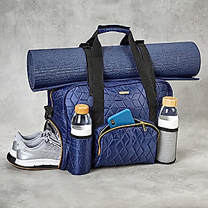 POSHnFIT Women Exercise Fitness Gym Travel & Weekender Duffel bag Waterproof Wet Storage Yoga Mat Storage Shoe Storage Carry On Luggage (Blue, Quilted Outer)