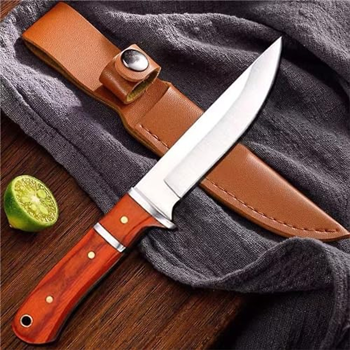 10MOONS 6.3-Inch Fixed Blade Bushcraft Knife with Leather Sheath, Stainless Steel Blade and Log Handle, for Hunting Camping Hiking Survival and Cutting Meat Fruit Vegetable