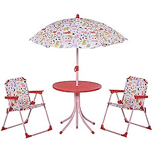Outsunny Kids Folding Picnic Table and Chairs Set Rabbit Pattern for Outdoor Garden Patio Backyard with Removable & Height Adjustable Sun Umbrella, Red